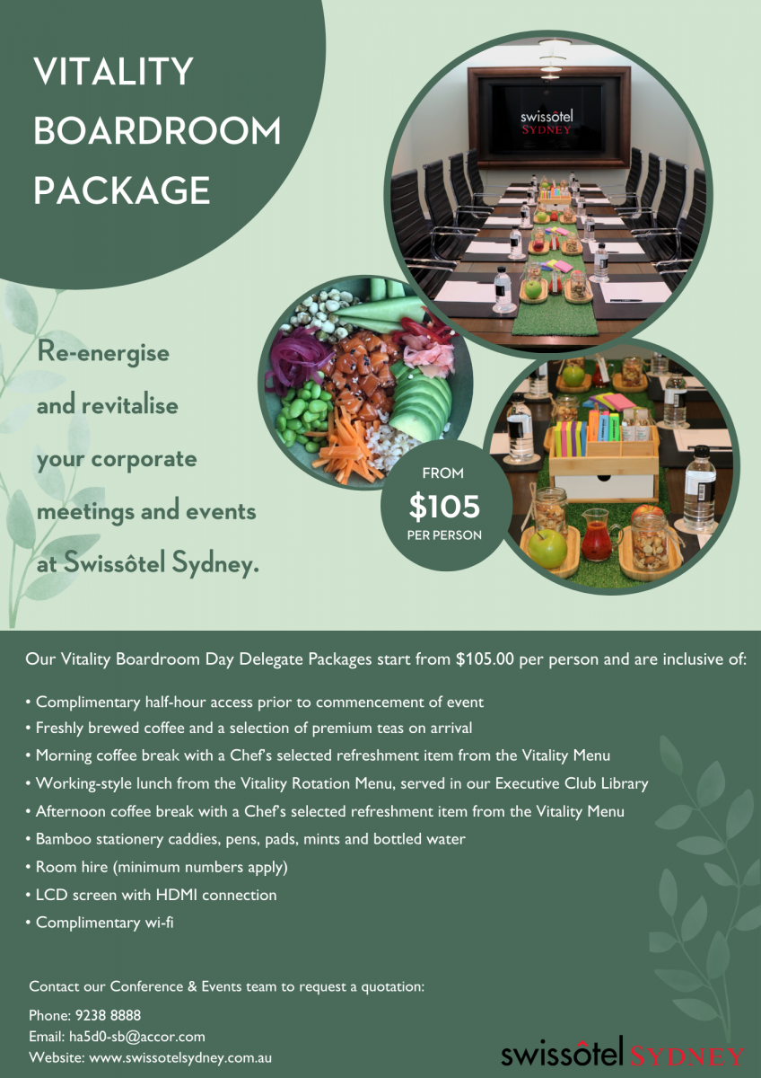 Swissôtel Sydney - Vitality Boardroom Packages